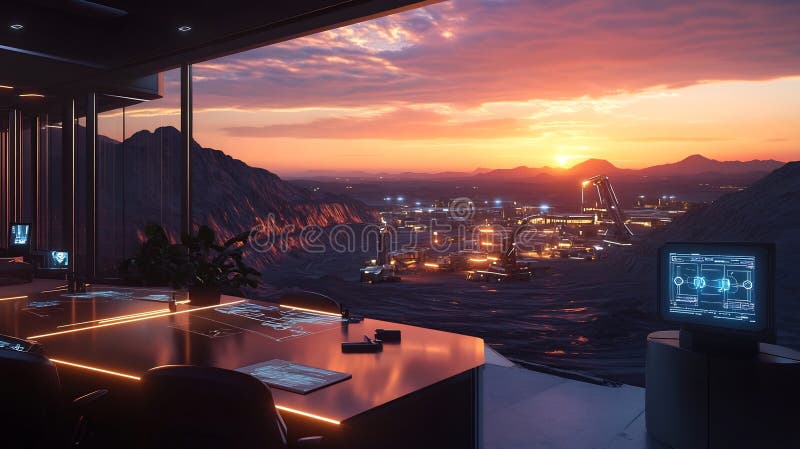 Futuristic Office Overlooking Robotic Mining at Cinematic Sunset with ...