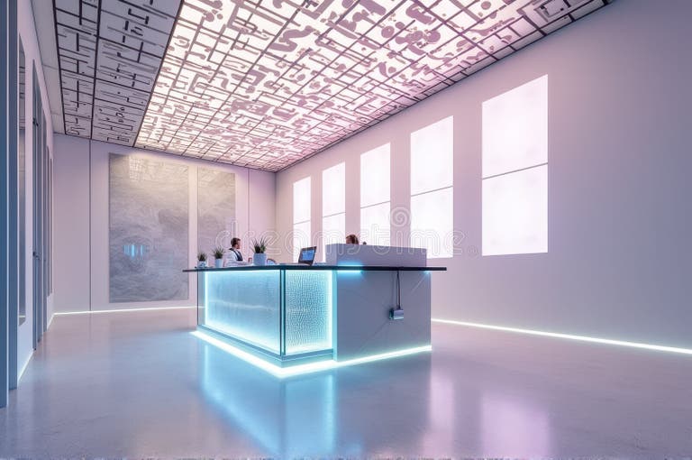 Futuristic Office Reception with Modern Lighting and Sleek Design Stock ...