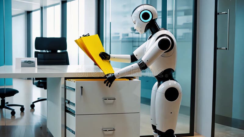 Futuristic Office Robot Organizing Files in Modern Workspace Stock ...