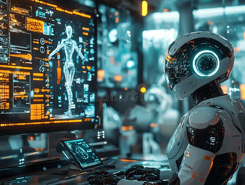 Futuristic Office Scene with AI-driven Tools and Robotic Interaction ...