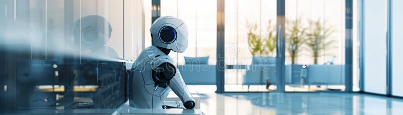 Futuristic Office Setting with a 3D Model of a Robot Assistant Stock ...