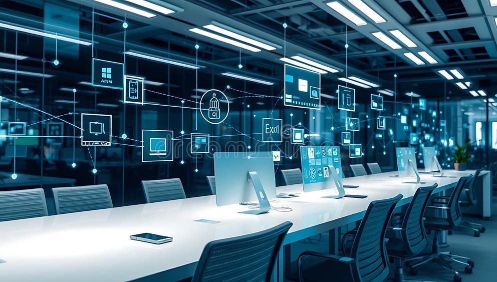 Modern Office Workspace Showing Digital Network Connections Stock ...