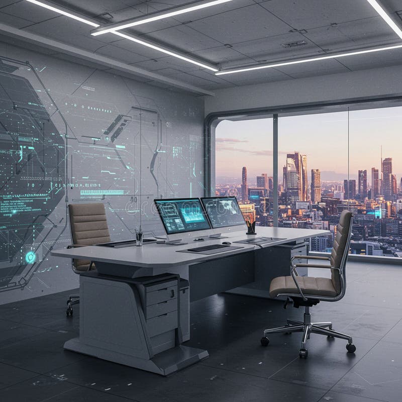 Futuristic Office Setting Features a Sleek Desk with Two Monitors ...
