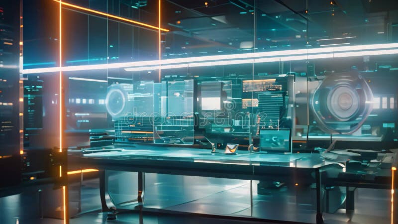 Futuristic Office Desk with Illuminated Edge and Computer Monitors ...