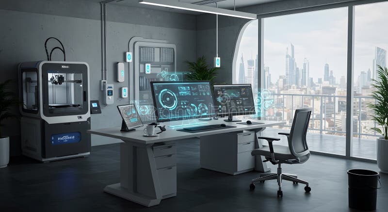 A Futuristic Office Setup Showcasing Advanced Technology Stock ...