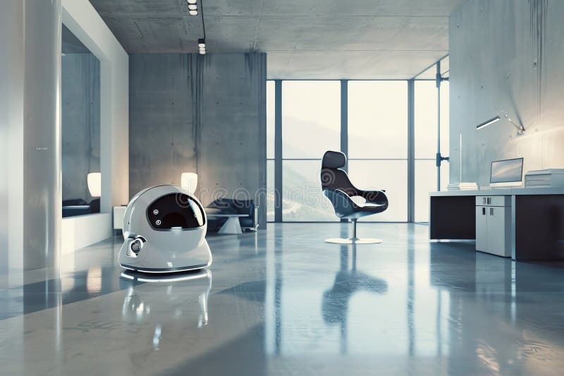 Futuristic Office with Sleek Robot Assistant in Minimalist Setup ...