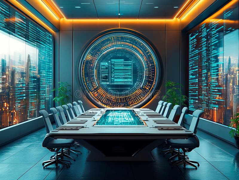 A Futuristic Office with a Sleek Table, Modern Chairs, and a Circular ...