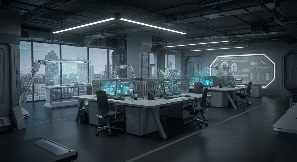Futuristic Office Space with Advanced Technology and Robotics Setup. Workstations Stock ...