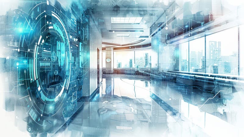 Futuristic Office Space with Digital Interface Overlay, Merging Modern ...