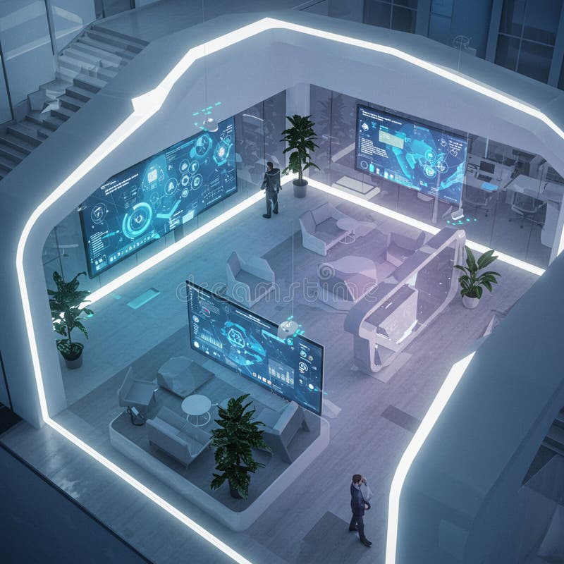 Futuristic Office Space Featuring Curved Glass Walls and Bright LED ...