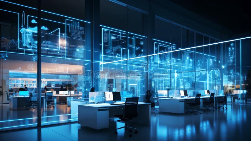 Futuristic Office Space with Glowing Blue Holographic Displays. High ...
