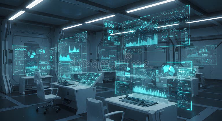 Futuristic Office Space with Holographic Displays and Data Visualization Stock Illustration ...
