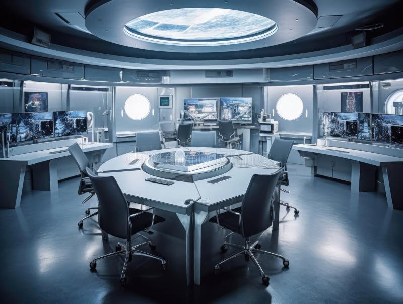 Futuristic Office Space with Holographic Displays Stock Illustration ...