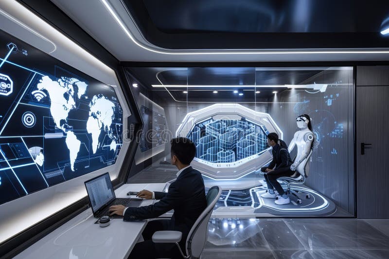 Futuristic Office Space with Humans and Robots Collaborating on a ...