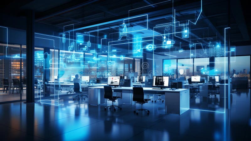 Futuristic Office Space with Modern Technology Design. Blue-toned Image ... Futuristic Office Space with Modern Technology Design. Blue-toned Image ...