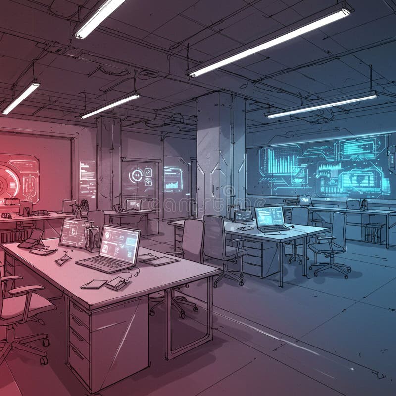 Futuristic Office Space with Multiple Workstations Equipped with ...