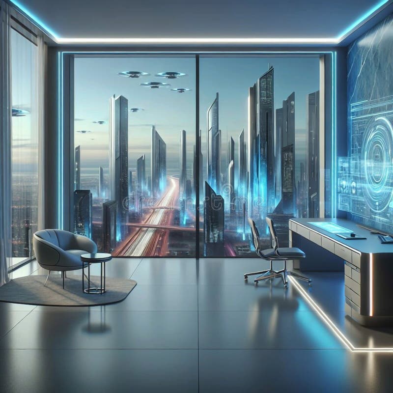 Futuristic Office Space Overlooking a Vibrant Cityscape. Stock ...