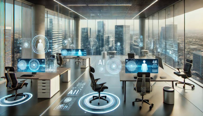 Futuristic Office Space Utilizing Ai Powered Workstations and Holographic Displays Stock ...