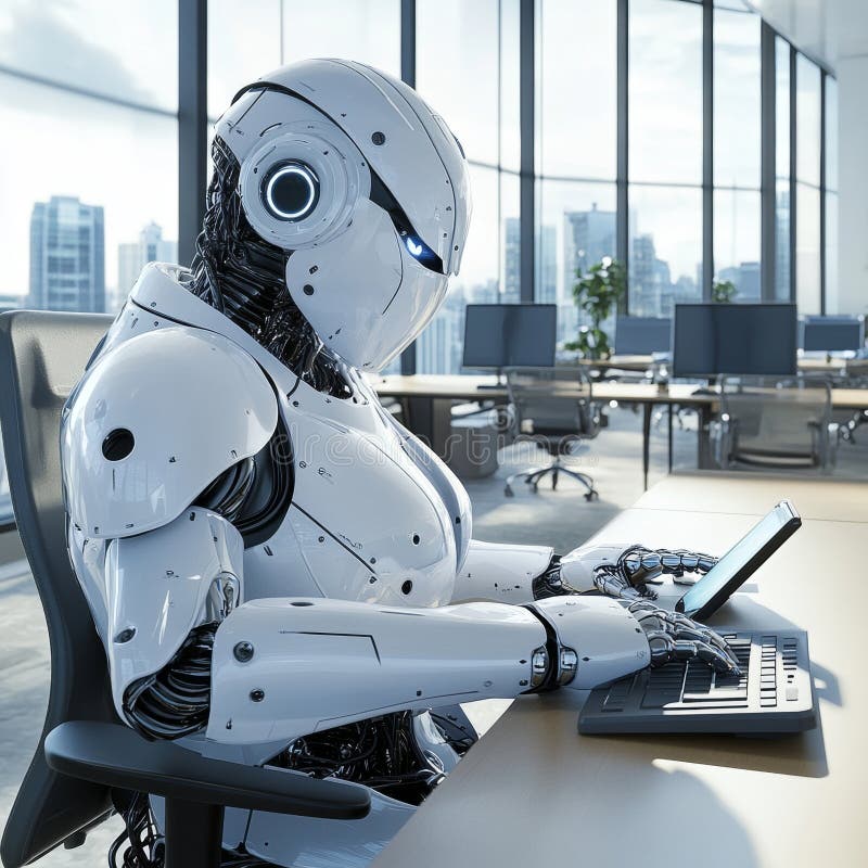 Futuristic Office Worker. Humanoid Robot Working with Data. Artificial ...