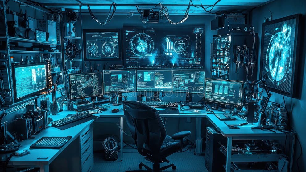 Futuristic Office Setup with Multiple Monitors and Blue Neon Lighting ...