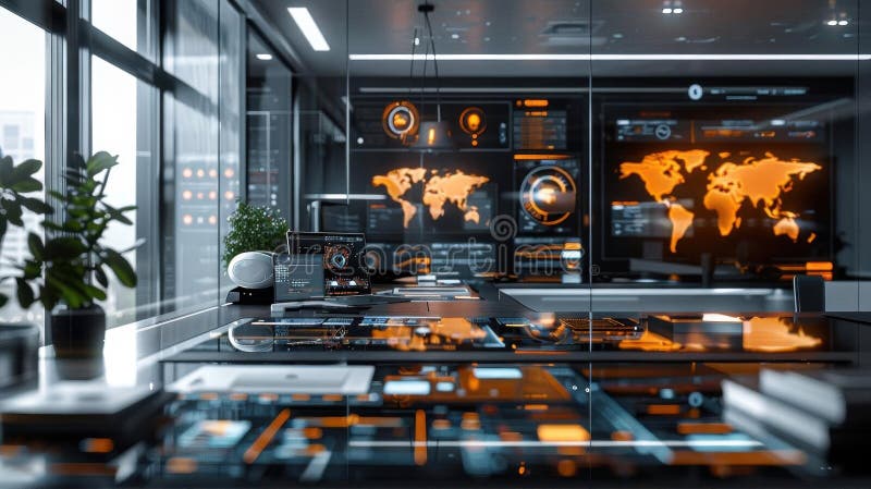 Futuristic Office with World Map and Data Displays Stock Illustration ...
