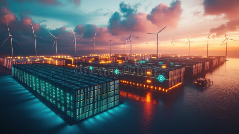 Futuristic Offshore Data Center Complex with Wind Turbines at Sunset ...