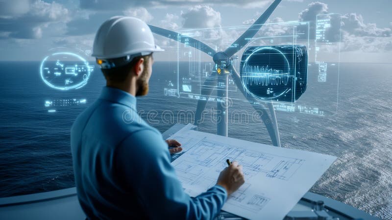 Futuristic Offshore Wind Turbine Engineer Reviewing Plans with ...