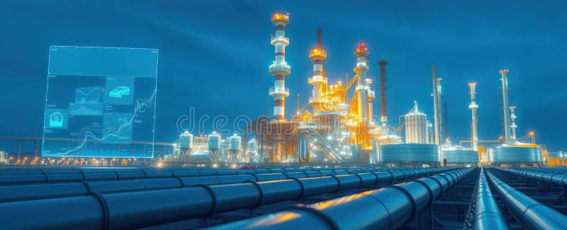 Futuristic Oil, Gas Refinery Complex at Night. Advanced Tech Shows Data ...