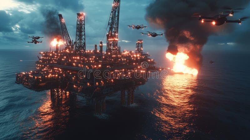 Futuristic Oil Platform Under Aerial Attack Amid Flames and Chaos in a ...