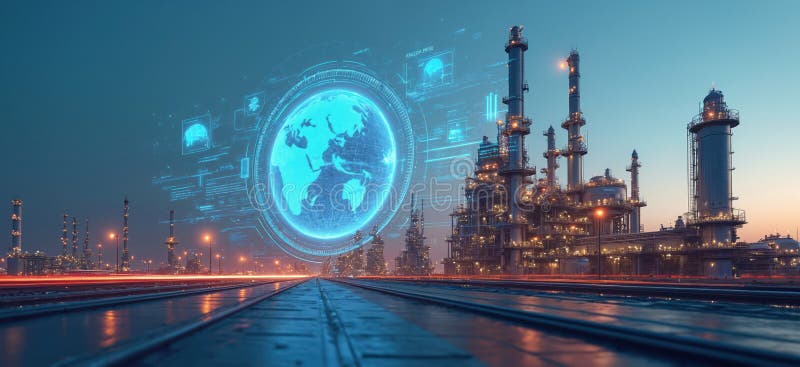 Futuristic Oil Refinery Plant at Twilight. Holographic Data ...