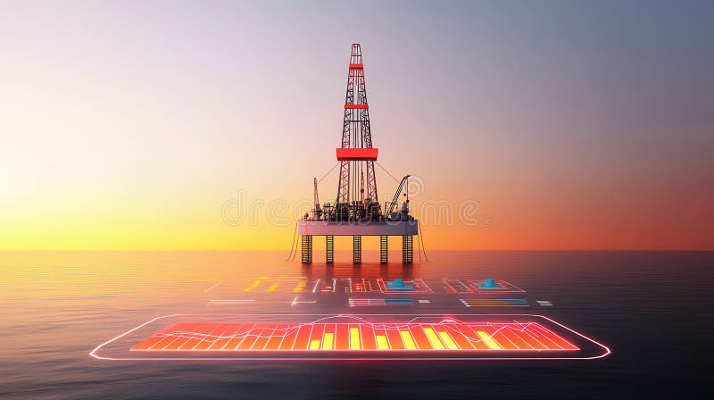 Futuristic Oil Rig with Data Visualization at Sunset Stock Illustration ...