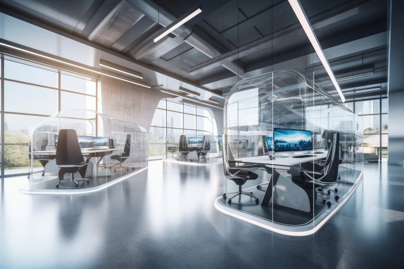 Futuristic Open Office with Transparent Glass Walls and Floating ...