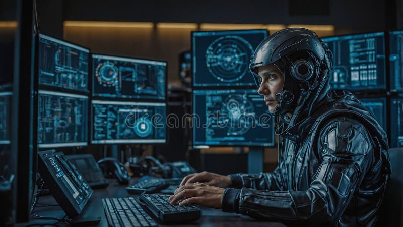 Futuristic Operator in High-Tech Control Room Stock Illustration ...