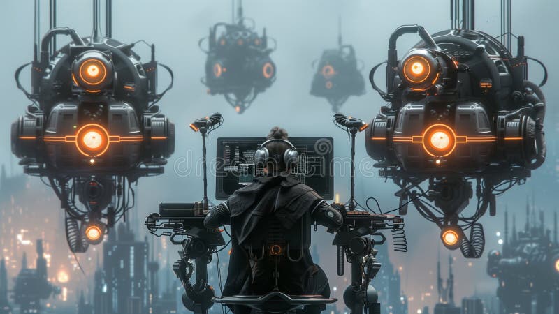Futuristic Operator Controlling Advanced Ai Drones Stock Illustration ...