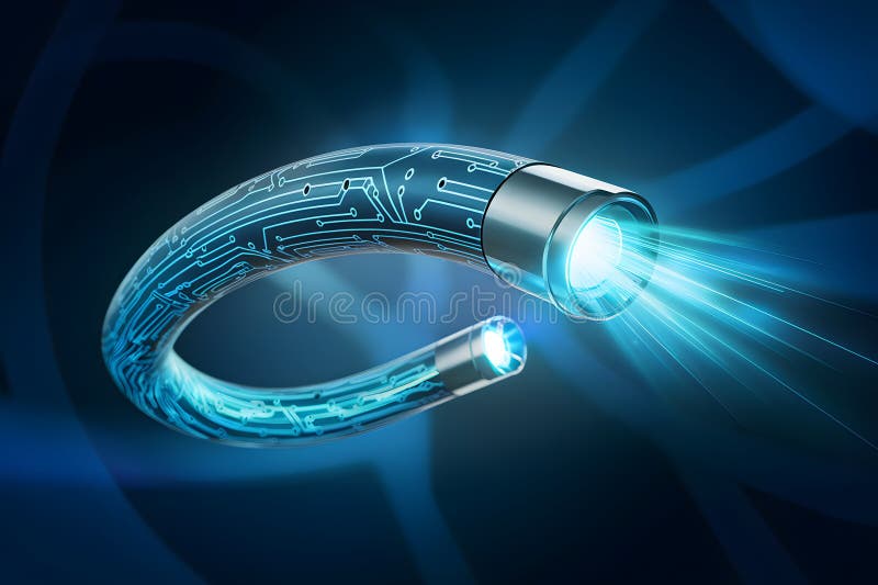 Futuristic Optical Fiber Emitting Blue Light, Metallic End Cap, Deep ...