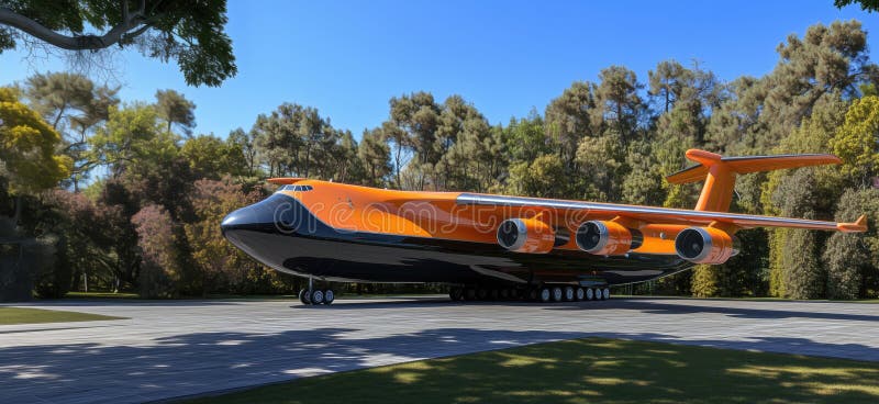 Futuristic Orange and Black Cargo Aircraft Parked in Lush Green ...