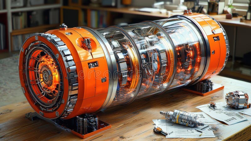 Futuristic Orange Cylindrical Engine Detailed 3D Render of Complex ...
