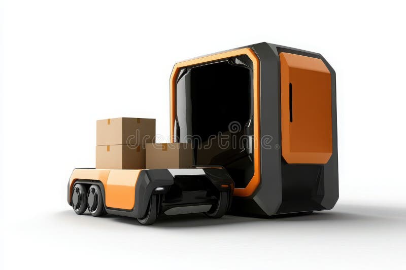 A Futuristic Orange Delivery Robot with a Screen and a Cardboard Box ...