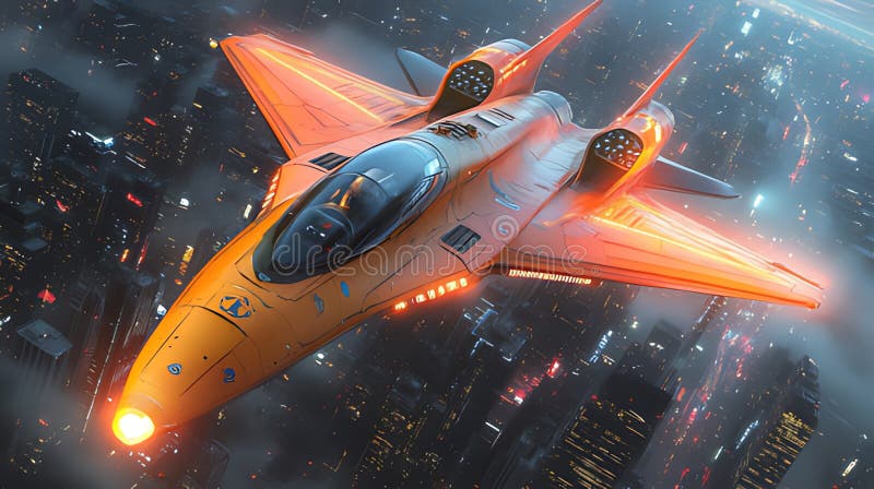 Futuristic Orange Jet Fighter Flying Over a Nighttime City Stock ...