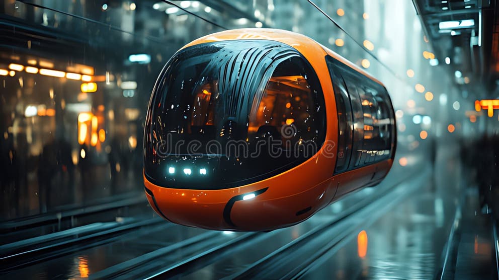 Futuristic Orange Pod-shaped Train on Elevated Tracks in a Modern City ...