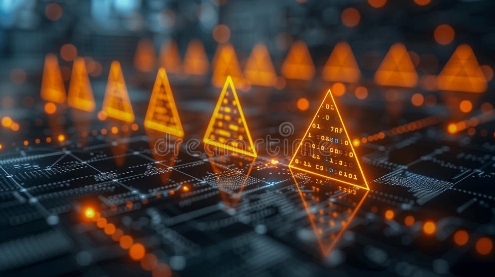 Futuristic Orange Pyramids with Digital Patterns Display Stock ...