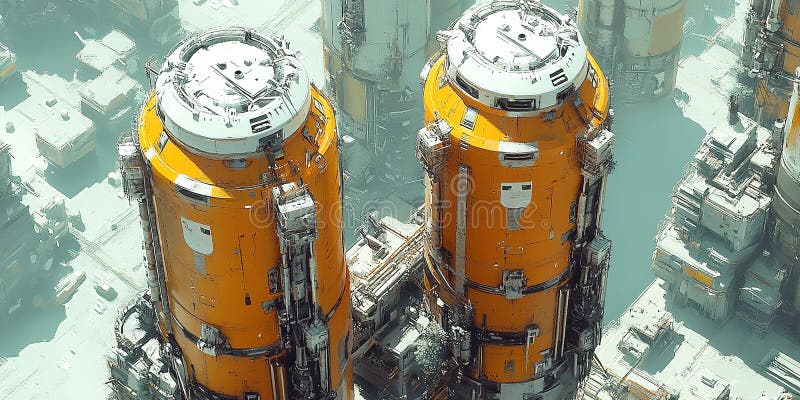 Futuristic Orange Towers Amidst a Snowy Landscape Showcasing Advanced ...