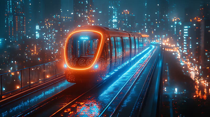 Futuristic Orange Train Speeding through a Neon-lit City at Night Stock ...