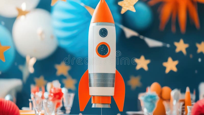 A Futuristic Orange and White Rocket Ship Sits on a Table, Ready for ...