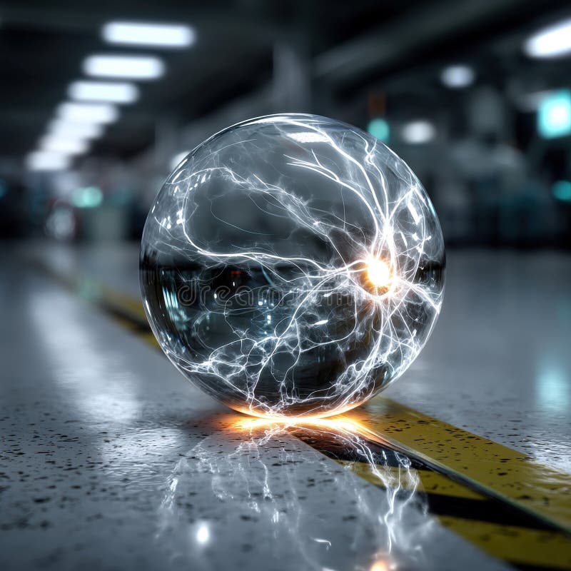 A Futuristic Orb Emitting Energy Patterns Rests on an Industrial ...