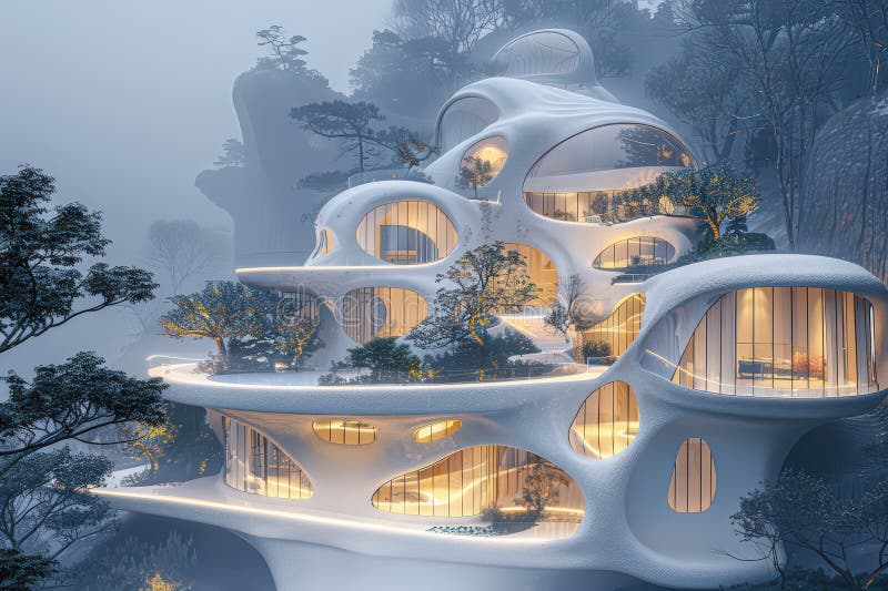 Futuristic Organic Architecture in Snowy Landscape with Trees Stock ...