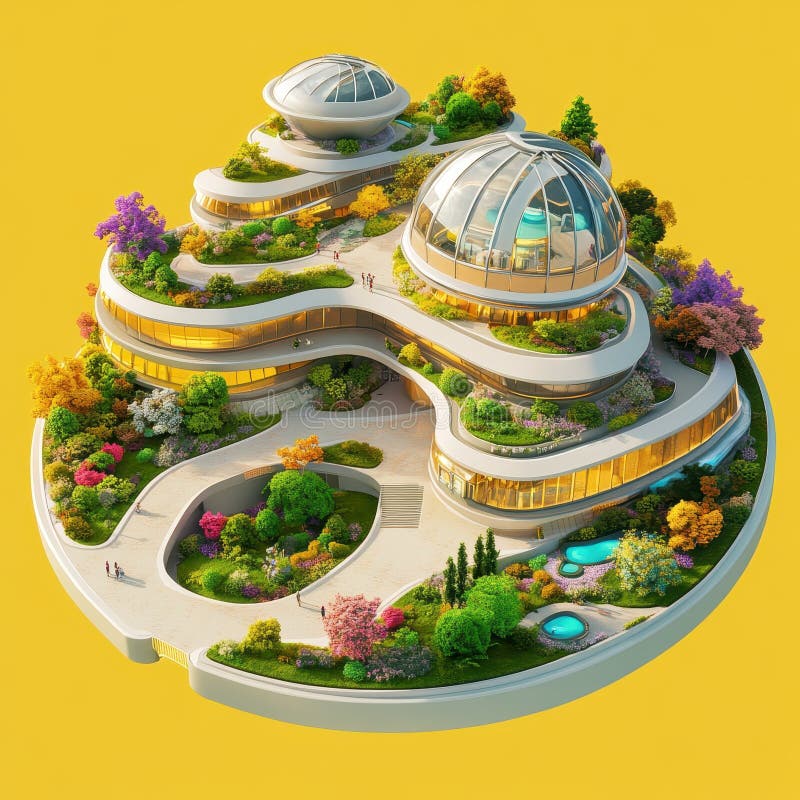A Futuristic, Organic-shaped Building with Domes, Surrounded by Lush ...