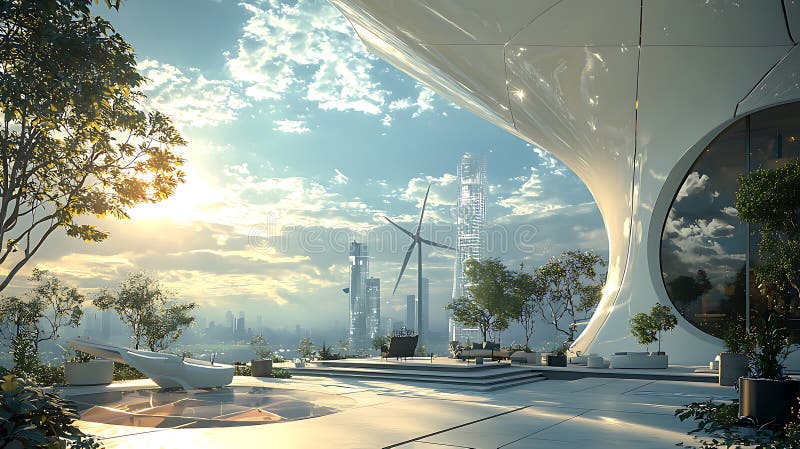 Futuristic Outdoor Space with Sleek Architecture, Greenery, and City ...