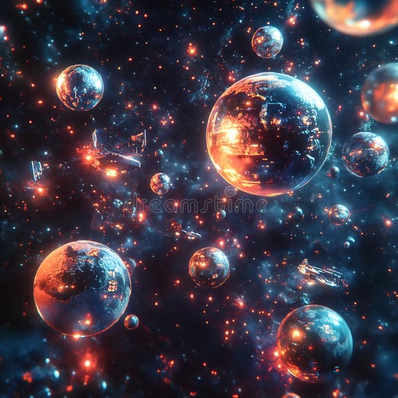Futuristic Outer Space Scene with Vibrant Floating Orbs and Satellites ...