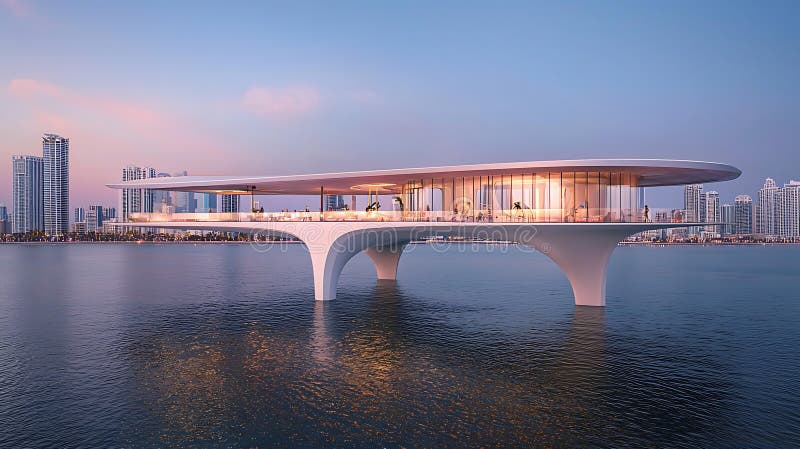 Futuristic Oval Building Over Water at Sunset Stock Illustration ...